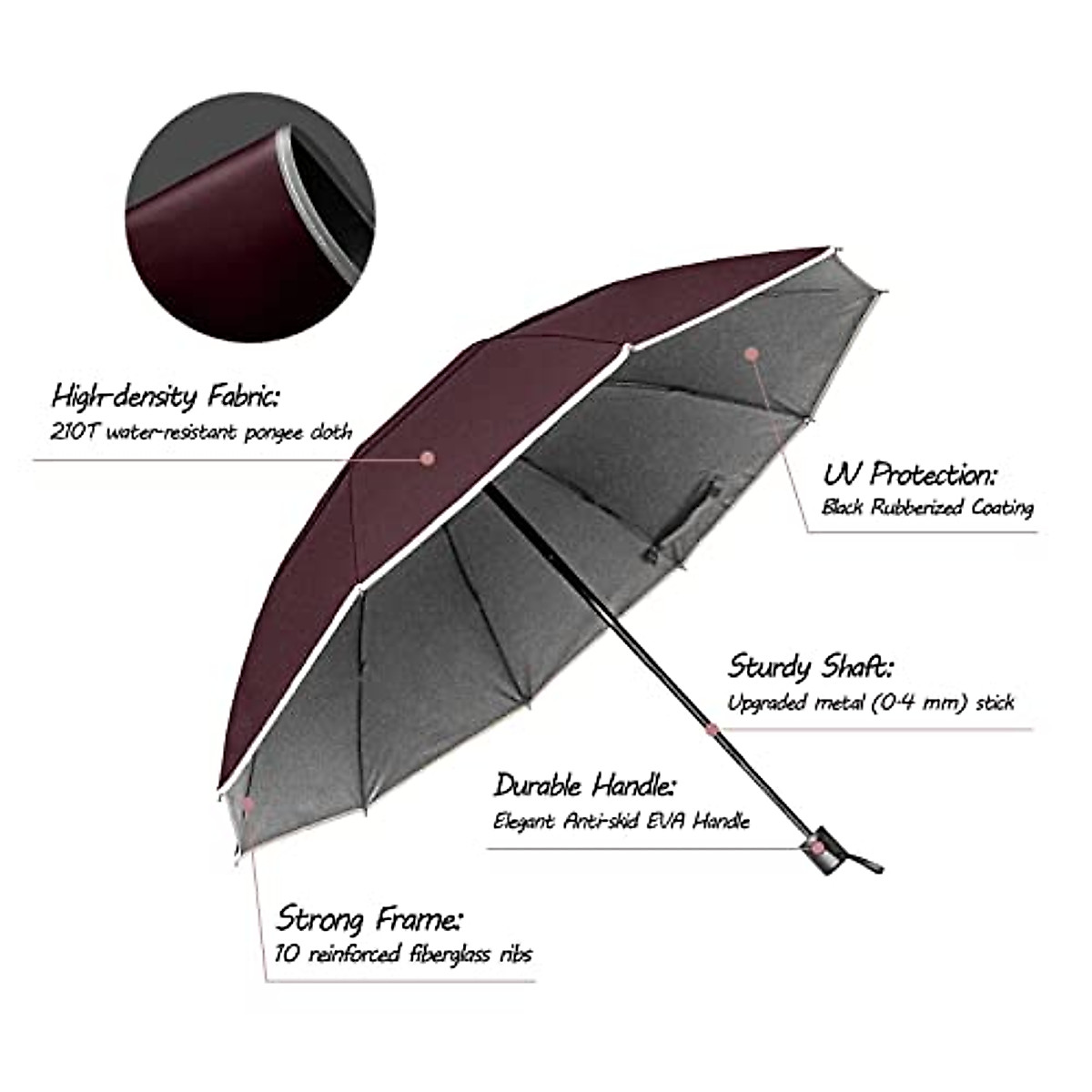 50 inch Large-size Manual Collapsible Travel Umbrella - Compact, Lightweight, UV Protection, Reverse Umbrella for Men and Women (Double Canopy/Wine)