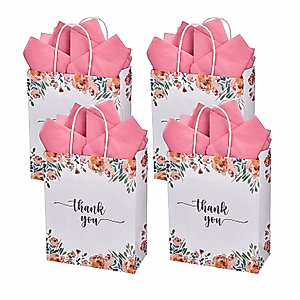 50 Pack Medium White & Spring Floral Thank You Paper Gift Bags with Handles 10 x8 x4 Inches and Pink Tissue Paper for Small Business Wedding Baby Shower Birthday Party Favors Goodies