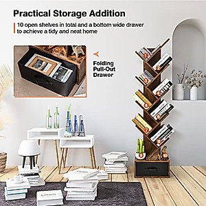 Tangkula 10 Tier Tree Bookshelf with Drawer, Floor Standing Storage Rack for CDs, Movies & Books, Display Utility Organizer Shelves for Bedroom, Living Room & Home Office (Rustic Brown)