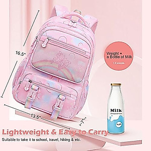 BYXEPA Girls Backpack, 16.5 * 13.5 * 7 inches School Backpack for Girls, Lightweight Kids Backpack with Compartments, Kids' School Book Bag for Elementary Student (Pink)