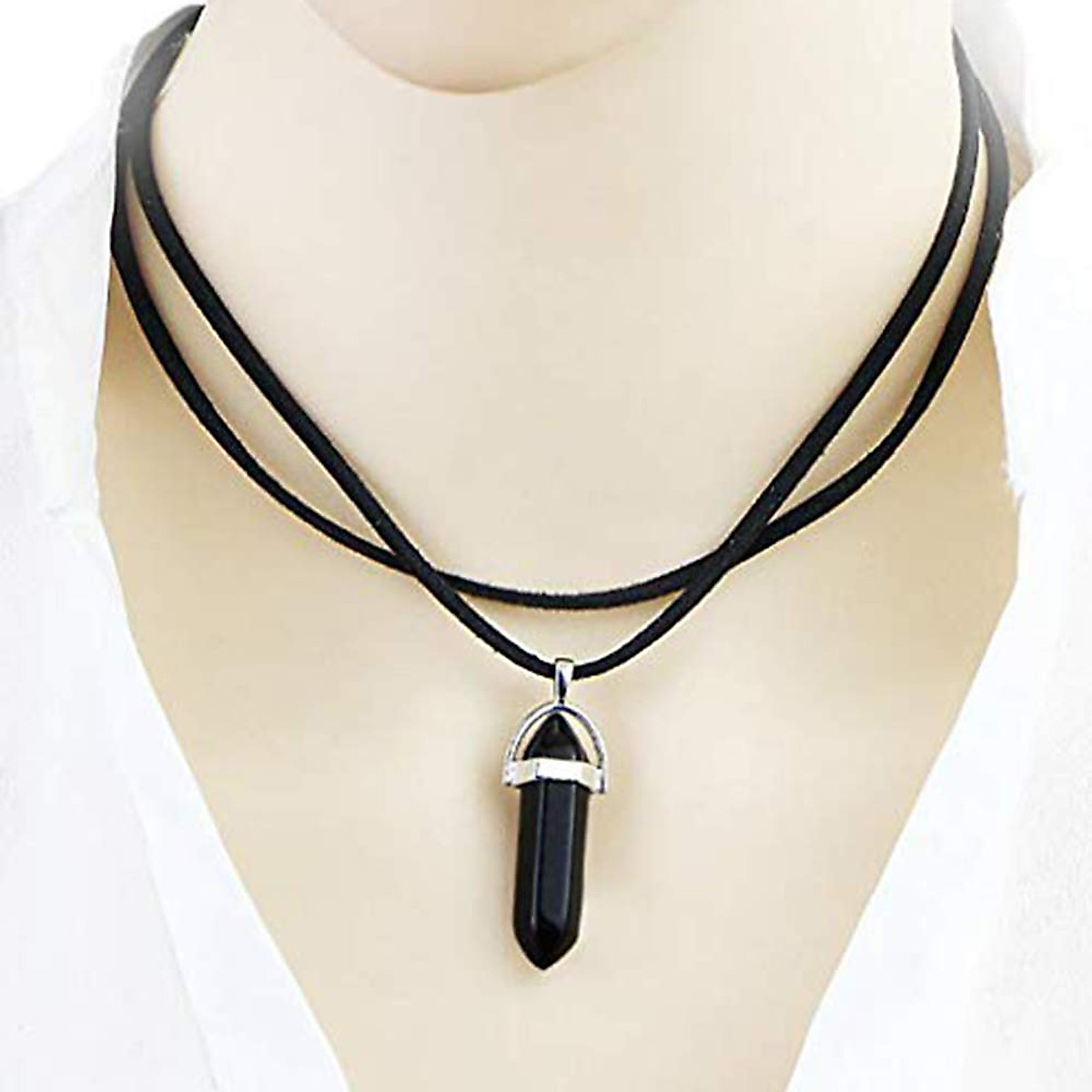 Aimimier Layered Choker Necklace Crystal Choker Chakra Suede Choker Hexagonal Gemstone Pendant Necklace Bohemia Jewelry for Women(Black)