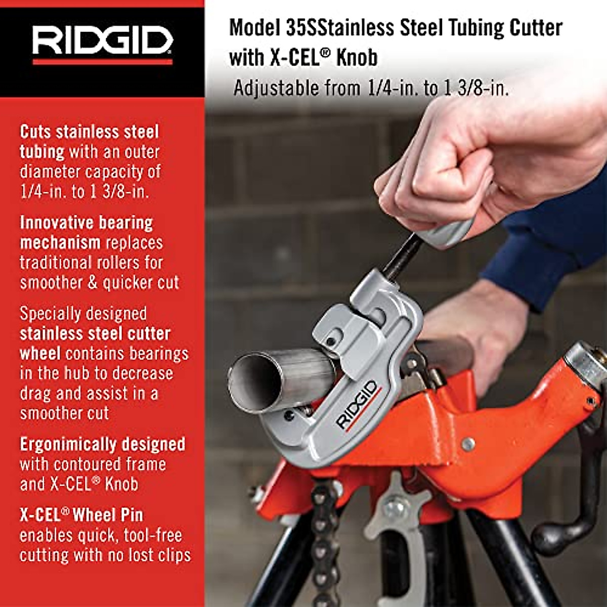 RIDGID 29963 Model 35S 1/4" to 1-3/8" Stainless Steel Tubing Cutter with X-CEL Knob, Silver & 40617 Model 101 Close Quarters Tubing Cutter with 1/4"-1-1/8" Cutting Capacity, Silver