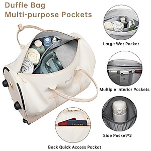 ETRONIK Rolling Duffle Bag with Wheels, 21 Inch Carry on Bag for Airplanes with Shoes Compartment, Canvas Weekender Overnight Bag for Women with Toiletry Bag, Beige