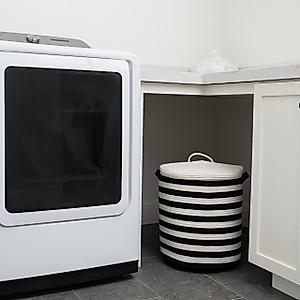 17 x 16in Large Striped Cotton Blanket Basket with Lid - Perfect for Toy Storage, Clothes Hamper, & Laundry Basket, Woven Baskets for Nursery Decor and Baskets for Organizing, Black and White