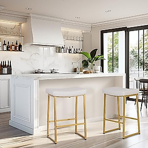 MAISON ARTS White & Gold Bar Stools Set of 4 Counter Height 24 Inches Saddle Stools for Kitchen Counter Backless Modern Gold Barstools Upholstered Faux Leather Stools Farmhouse Island Chairs