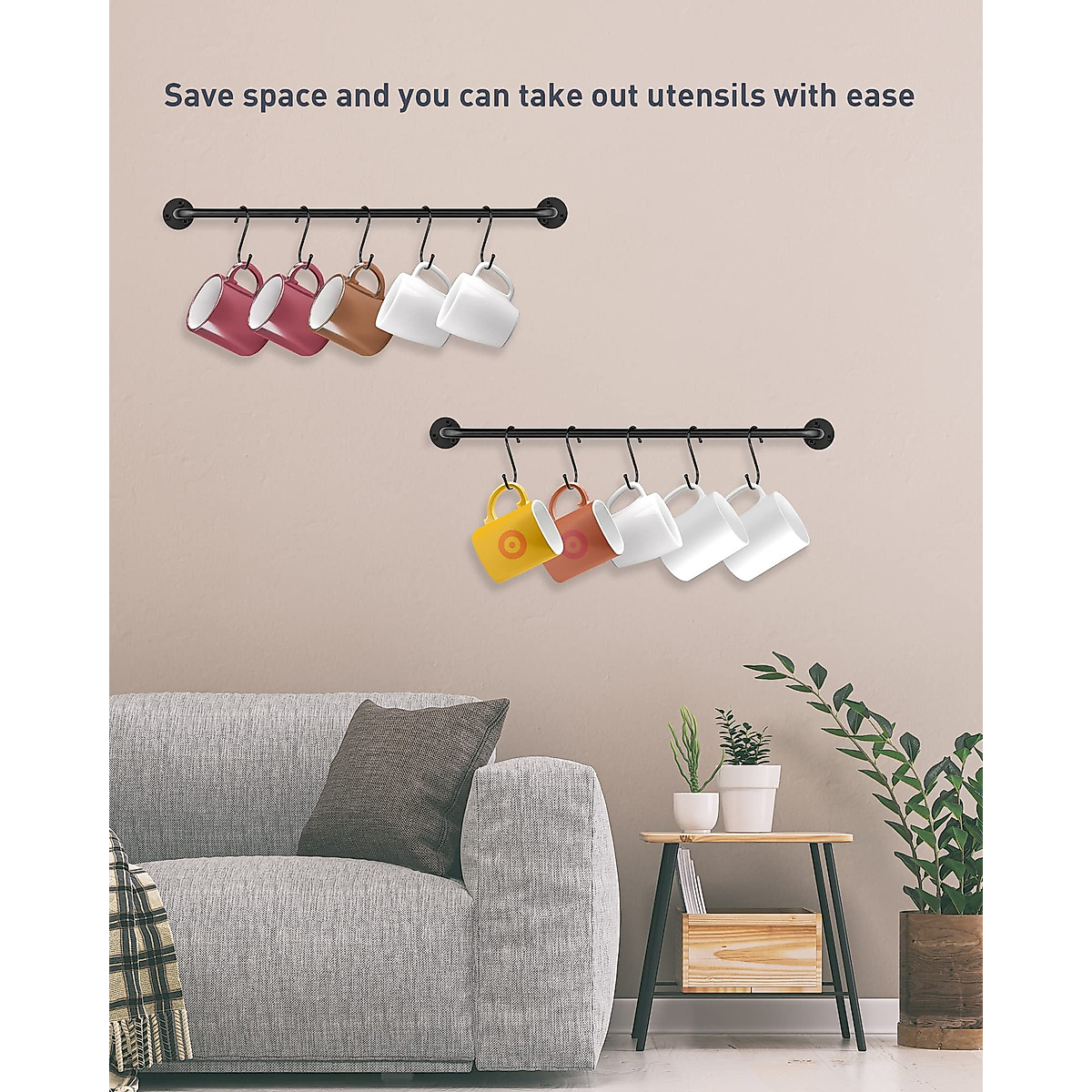 QYINXIU Coffee Mug Wall Rack，Coffee Cup Holder Wall Mounted，Mug Racks for Wall，Mug Wall Rack，Mug Holder Wall，Set of 2, Black (Black)