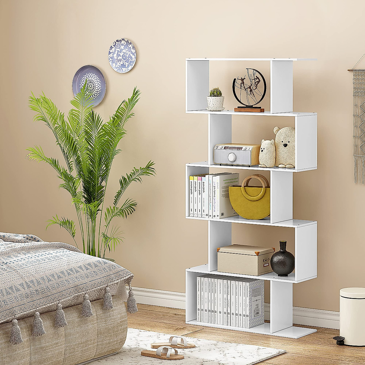 Function Home 5-Tier Geometric Bookcase, Freestanding S Shaped Bookshelf, Modern Multifunctional Display Shelves, White Book Shelf for Bedroom Living Room