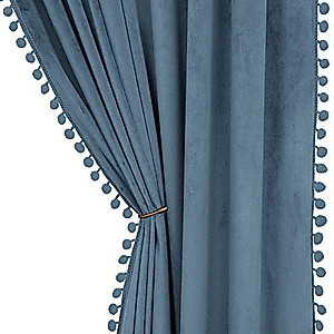 SNITIE Sky Blue 95in Long Pom Pom Velvet Curtains with Rod Pocket Thermal Insulated Soft Privacy Light Filtering Velvet Drapes for Bedroom and Living Room, 2 Panels (Sky Blue, 42 x 95 Inch Long)