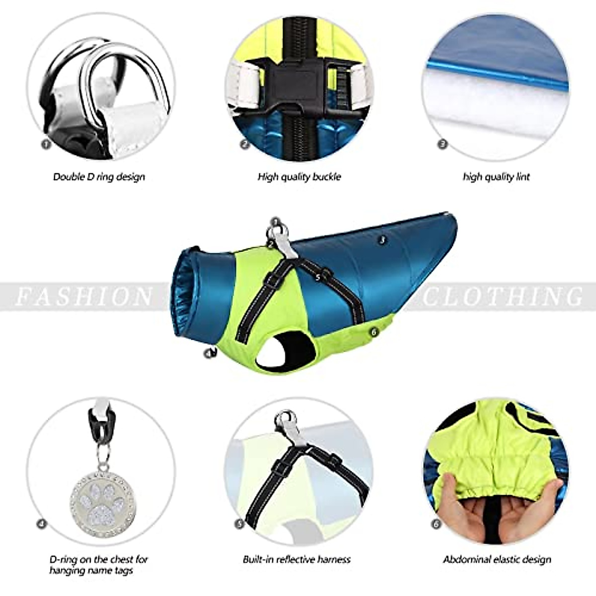 Didog Dog Winter Coat, Waterproof Dog Warm Clothes with Harness & Double D Rings, Reflective Dog Jacket for Cold Weather,Windproof Snow Suit Vest for Medium Large Dogs,Blue&Green,Chest: 28"