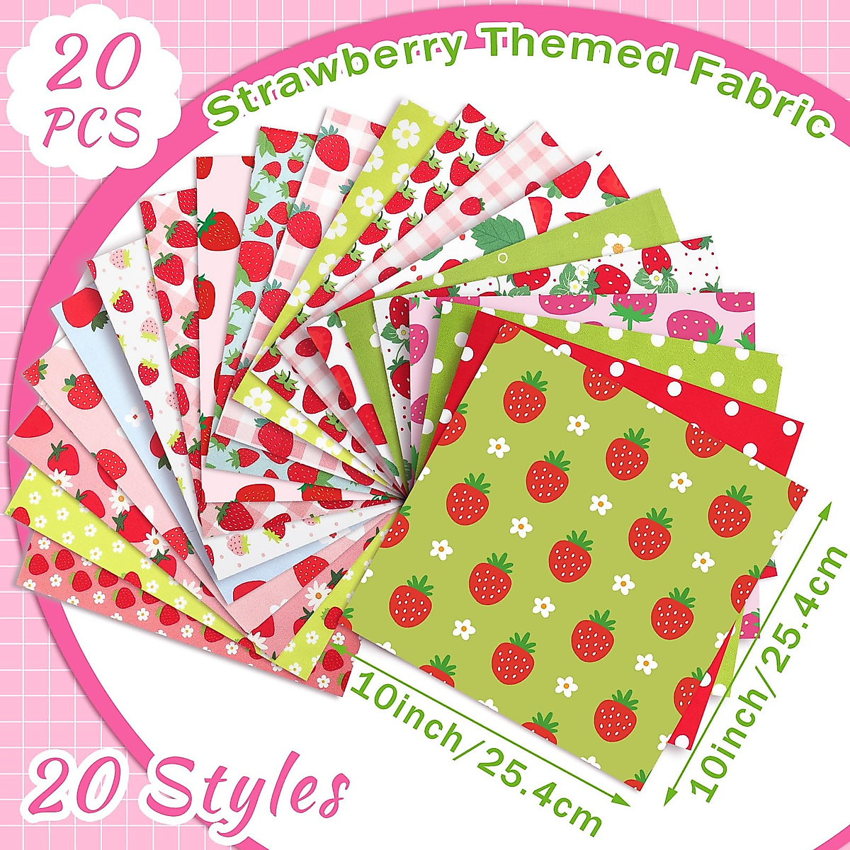 20 Pcs 10''x10'' Strawberry Fabric Strawberry Fabric Squares Quilting Cotton Fabric Bundle for DIY Sewing Fabric Precuts Quilt Squares Multi Color Printed Patchwork Supplies for Quilting Patchwork