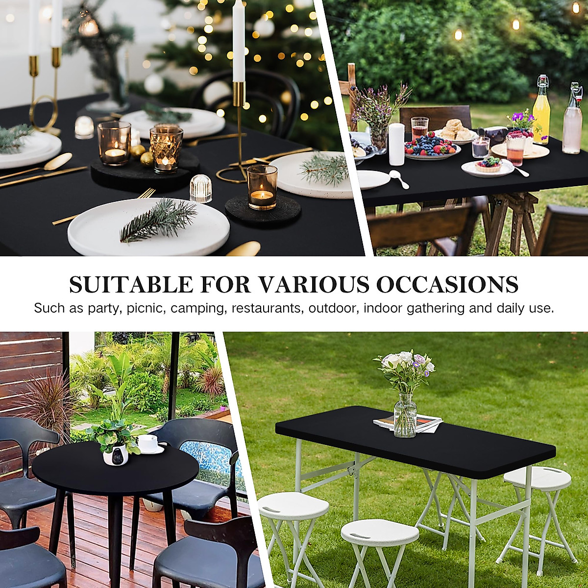 Wolkemer Fitted Oval Tablecloth Spandex Stretch Black Cocktail Table Cover Elastic Edge Topper Cap for Dining Wedding Party Picnic 48 x 72 Inch