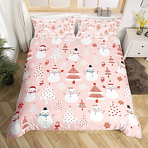 Christmas Kids Bedding Set Cartoon Snowman Bedding Duvet Cover Set for Boys Girls Christmas Tree Decor Comforter Cover Set Pink Dots Xmas Theme Bedspread Cover Bedroom Quilt Cover 3Pcs Queen Size
