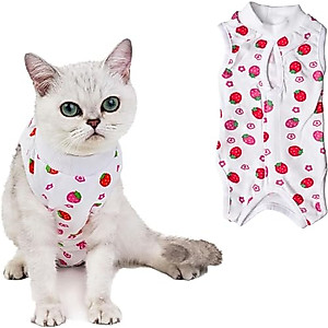 URROMA 1 Piece Cat Strawberry Recovery Suit, E-Collar Alternative for Cats Dogs After Surgery Wear Pajama Suit Home Cat Wound Surgery Recovery Suit, S