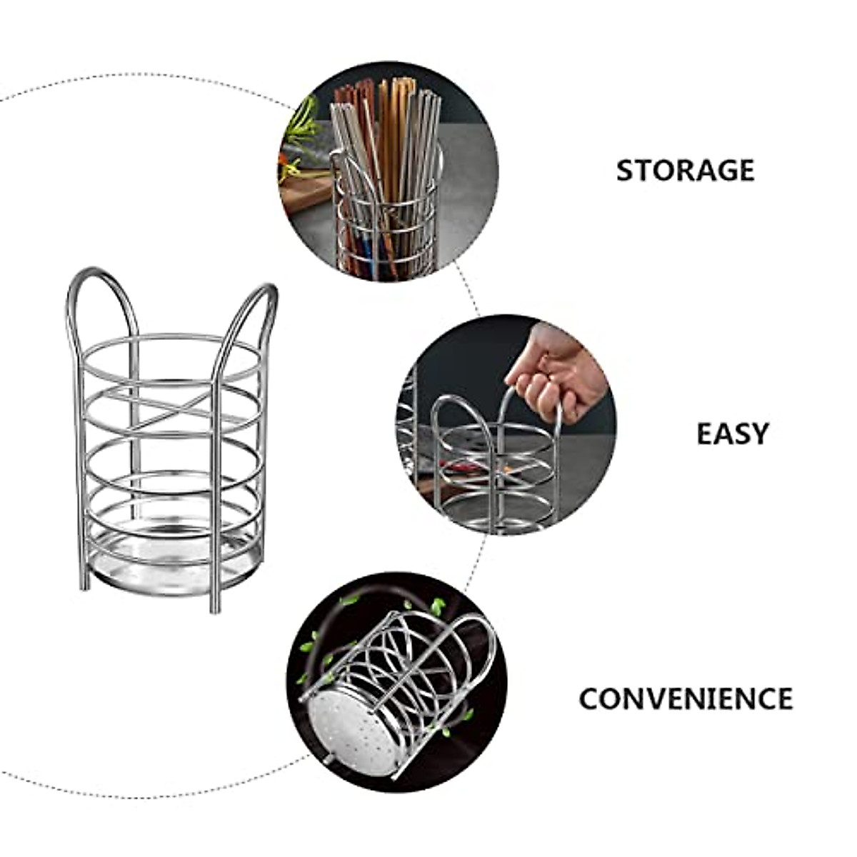 BESTonZON 1pc Stainless for Farmhouse Cutlery Countertop Utensil Rack Organizer Chopstick Holders Stand Round Pot Sponge Pen Black Sink Display Caddy Hanging Steel Cooking Silver
