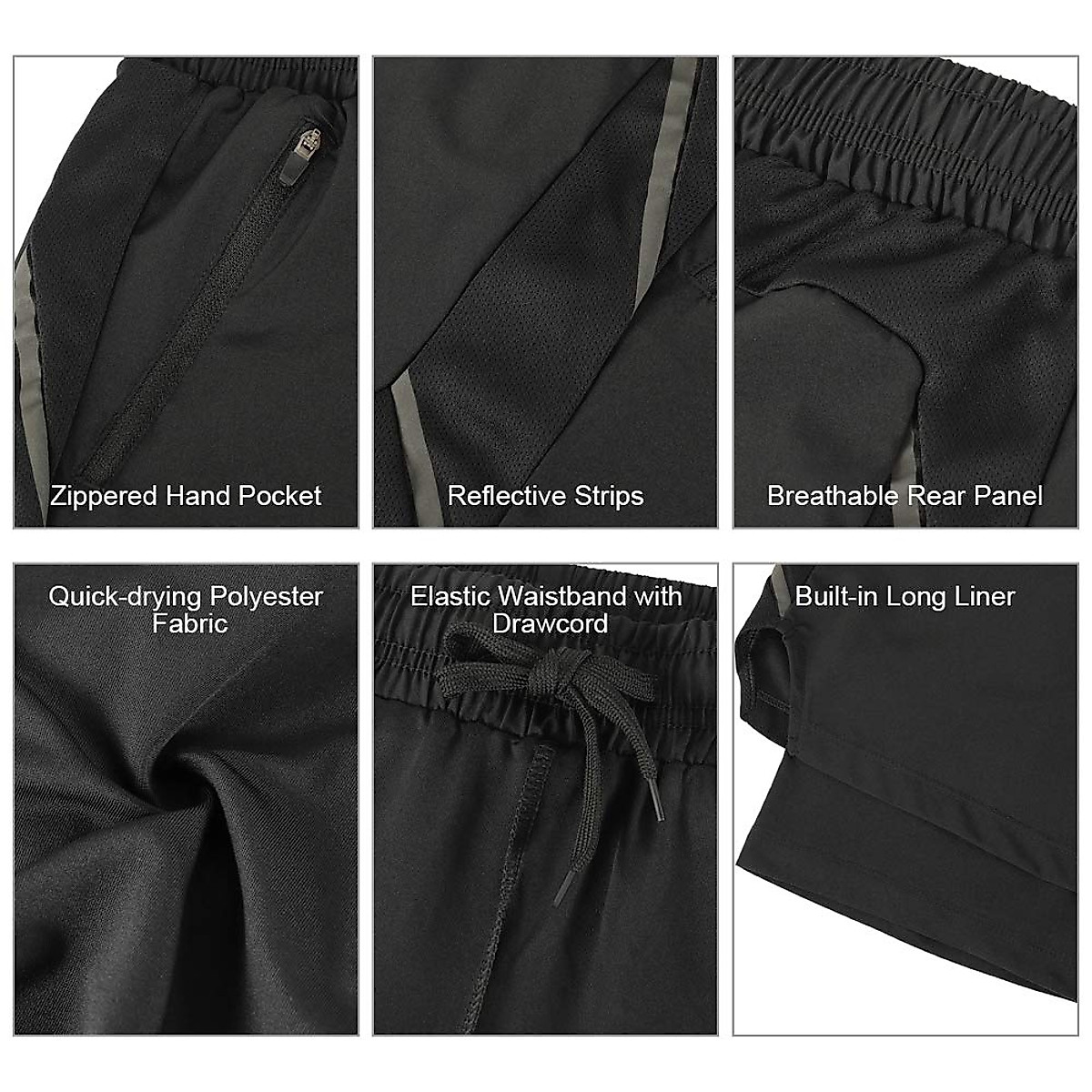 LIXADA Mens Running Shorts 2-in-1 Quick Dry Breathable Elastic Workout Shorts with Inside Phone Pocket/Zipper Side Pockets/Waist Pockets for Boxing Traning Jogging Exercise