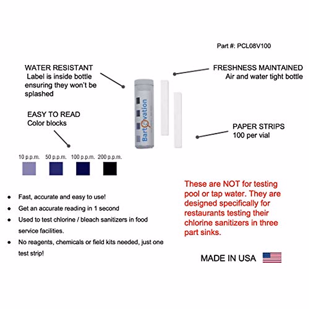 Three Pack Restaurant Sanitizer Chlorine Test Paper, 10-200 ppm [3 Vials of 100 Paper Strips]