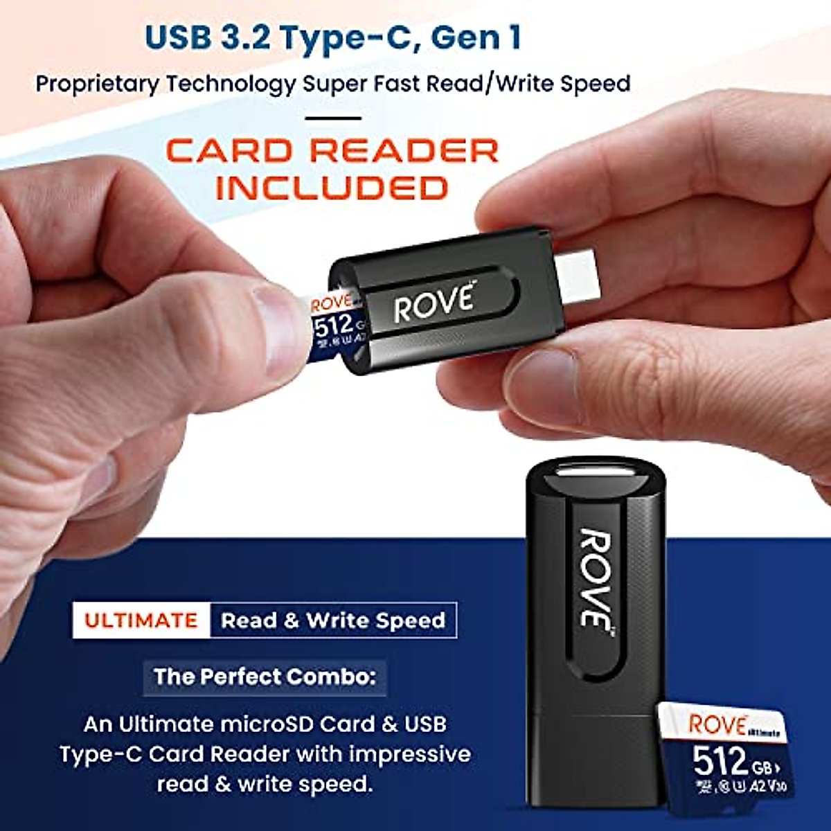 ROVE Ultimate Micro SD Card microSDXC 512GB Memory Card with USB 3.2 Type C Card Reader 170MB/s C10, U3, V30, 4K, A2 for Dash Cam, Android Smart Phones, Tablets, Games