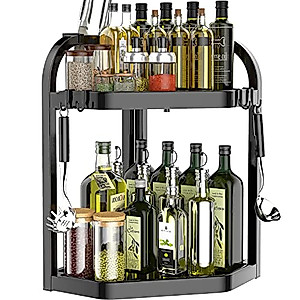 coorack Spice Rack Organizer with Hooks, 2 Tier Bathroom Countertop, Kitchen Corner Seasoning Shelf, Standing Storage for, , Bedroom (Large), Black-large