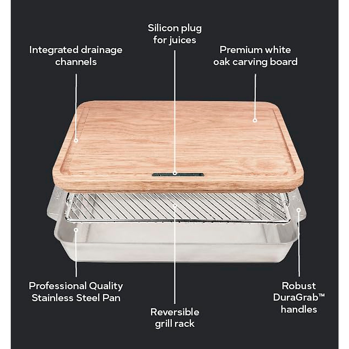 ooni Medium 15" x 10" Roasting Pan - Non Stick Stainless Steel Roasting Tray with Rack and Wooden Carving Meat Board, Ovensafe Cookware, Roaster Tin