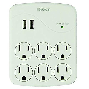 Woods 41079 Surge Protector with 6 Outlets and 2 USB Type A Ports with 1000J of Protection, White