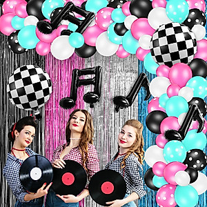 Jecery 122 Pcs 50's Music Theme Birthday Party Decorations Karaoke Rose Red Blue Black Tinsel Curtains Music Note Balloons Karaoke Music Party Supplies Photo Backdrop