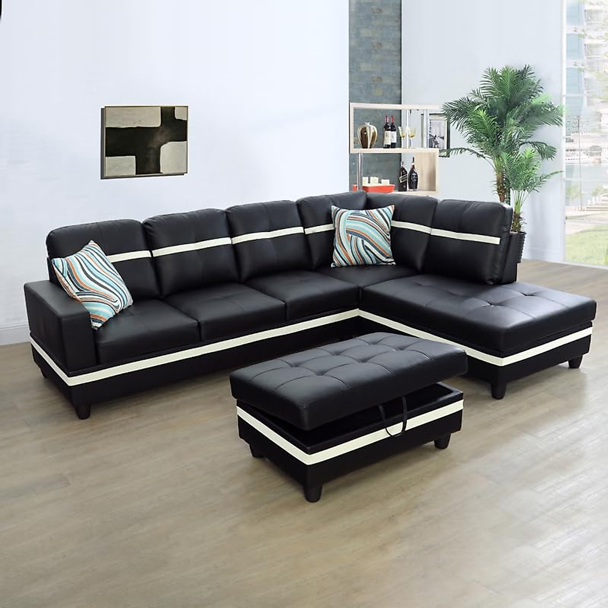 HOMVET PU L-Shaped Sofa Set with Right Chaise, Storage Ottoman,3 Piece Vegan Leather Sectional with 2 Toss Pillows,Square Arms,for Living Room/Apartment/Office,Black & White