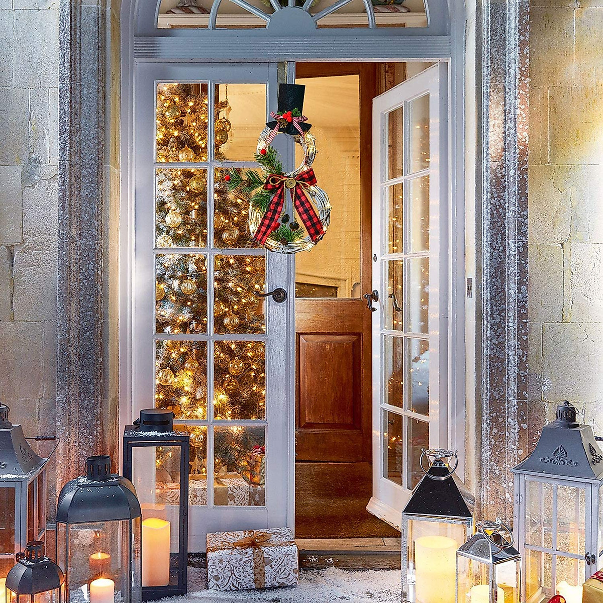 DearHouse Lighted Christmas Wreath Decoration, 16 x 8 Inch Grapevine Wreath with Hat and Bow Snowman Shape Wreath for Front Door Home Garden Wall Decor