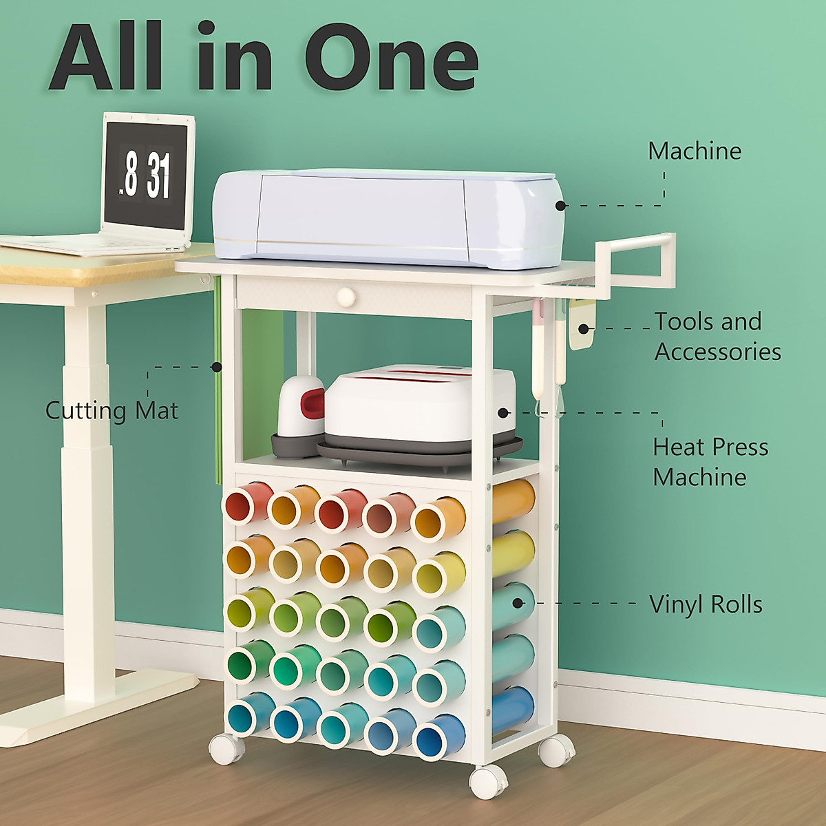 ousamili Craft Organization and Storage Cart Compatible with Cricut Machines, Craft Table with 25 Vinyl Roll Holder, Craft Cabinet Table for Craft Room and Home Workstation