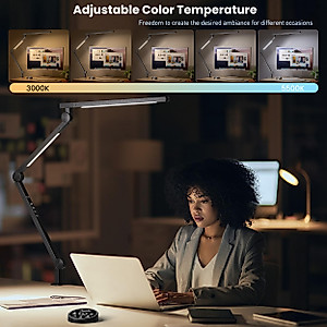 AmazLit Desk Lamp with Clamp, Eye-Care Swing Arm Desk Lamp, Stepless Dimming & Adjustable Color Temperature Modern Architect Lamp with Memory & Timing Function for Study, Work, Home, Office, 10W