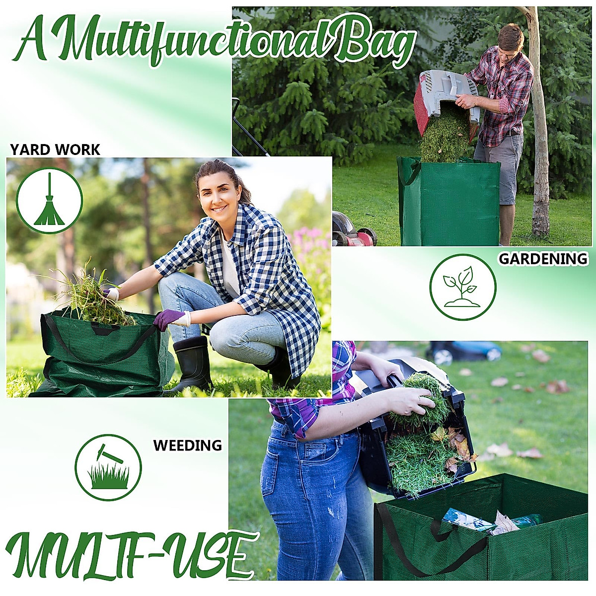 Tenceur 4 Pcs Heavy Duty Reusable Yard Waste Bags 48 Gallon and 22 Gallon Woven Polypropylene Leaf Garden Bag Lawn Bags Self Standing Garbage Can with Reinforced Handles for Home Moving Bag, Green