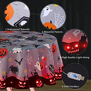 Suppromo Halloween Tablecloth with Lights 60 Inch Round Waterproof Fabric Pumpkin Witches Bat Ghost Table Cloth for Halloween Party Everyday Dinner Table Decorations Halloween Table Cover
