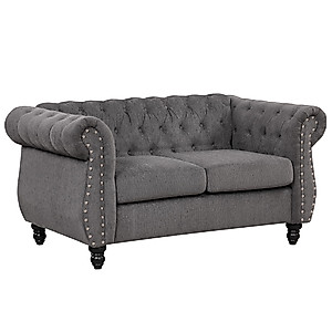 Bellemave Chesterfield Sofa Loveseat Mini Tufted Couch for Living Room Luxury Dutch Velvet Upholstered Small Sofa with Solid Wood Legs and Button Tufted Backrest for Apartment Office, 60" Grey