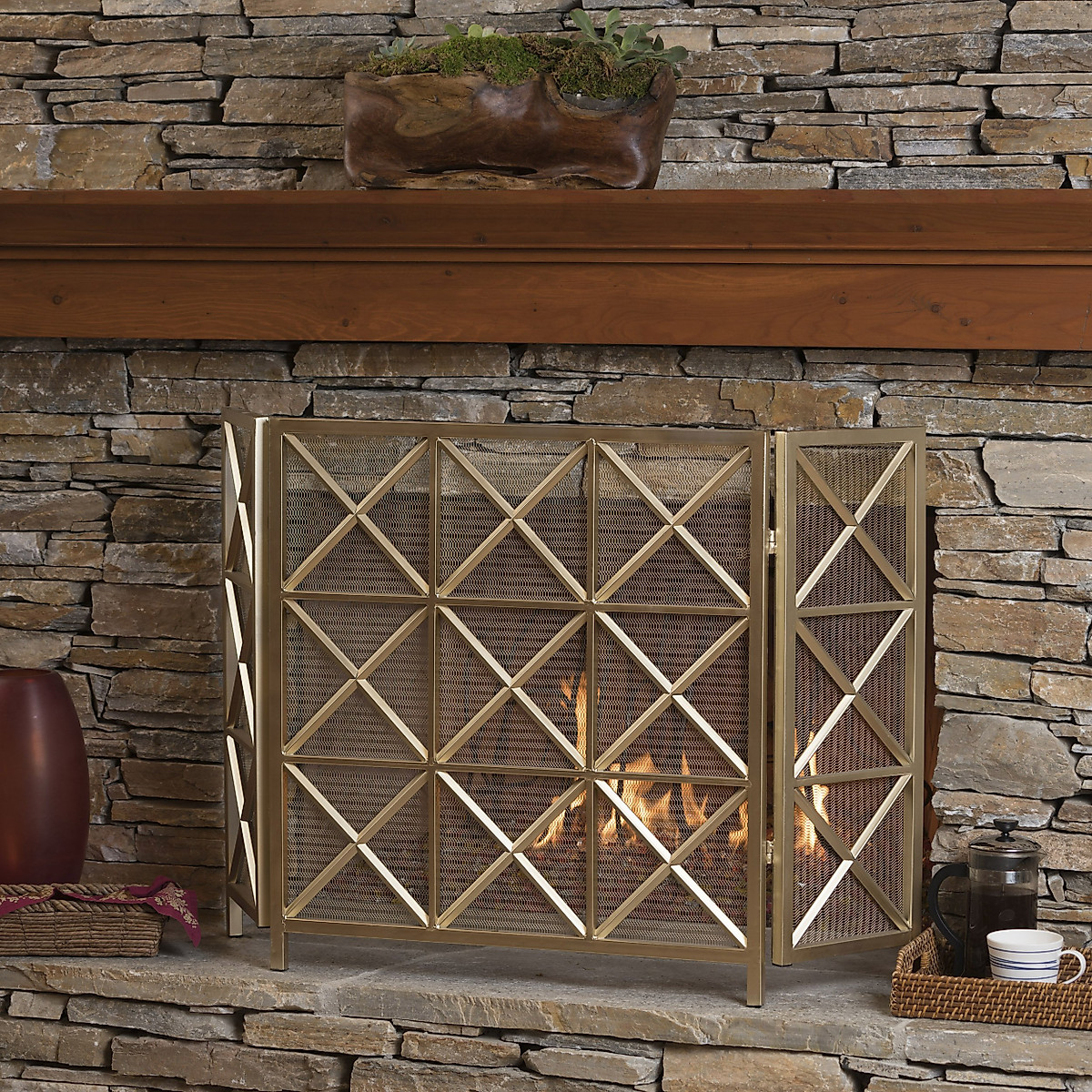 Christopher Knight Home Margaret 3 Panelled Iron Fireplace Screen, Gold