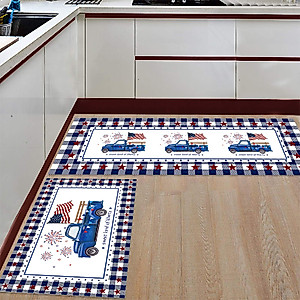 July 4th Kitchen Rugs Sets 2 Piece Floor Mats Independence Day Buffalo Plaid Blue Truck Stars Doormat Non-Slip Rubber Backing Area Rugs Carpet Inside Door Mat Pad Sets-15.7" x 23.6"+15.7" x 47.2"