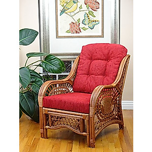Malibu Lounge Set of 4: 2 Natural Rattan Wicker Chairs, Loveseat with Red Cushions and Coffee Table w/Glass Handmade, Colonial