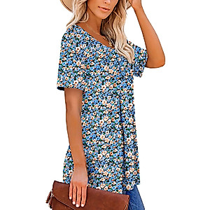 ROSELINLIN Womens Tops Blue Short Sleeve Summer Shirts V Neck Floral Pull Over Ladies Tops XL