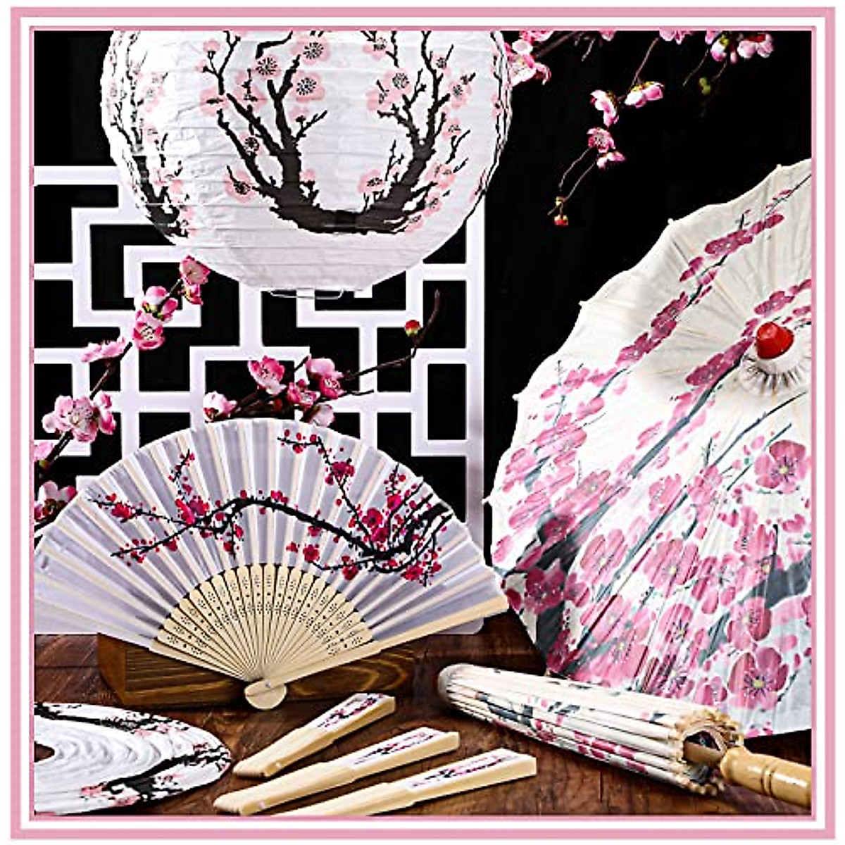 Tallew 12 Pcs Cherry Blossom Decor Set, Including 2 Chinese Japanese Oiled Paper Umbrella, 4 Pink Lanterns and 6 Handheld Silk Decorative Folding Fans for Wedding Party Favor