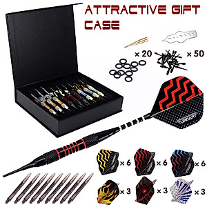 Darts Plastic Tip - Professional Soft Tip Darts Set for Electronic Dartboard 9 Pcs 18 Grams with 50 Extra Tips 9 Shafts 27 Flights Tool Kit Flight Protectors and Gift Darts Case (Gold)