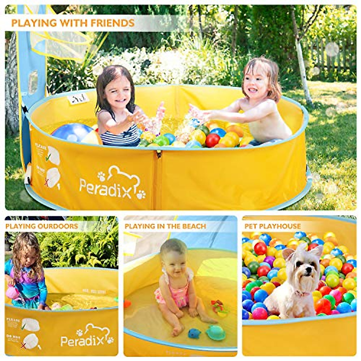 Peradix Paddling Pool for Kids & Pets, Kids Ball Pit Tent 3 in 1, Pop Up Wading Pool Tent with UV Protection Sunshade Canopy Basketball Hoop, Portable Beach Backyard Toys for Indoor Outdoor Activity