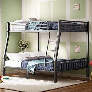 ATY Metal Full XL Over Queen Bunk Bed with Ladder and Guardrail, Sturdy Bedframe w/Slat Support, for Kids's Bedroom, Dorm, No Spring Need Required, 82.7"x 70"x 65.6" (L x W x H), Black