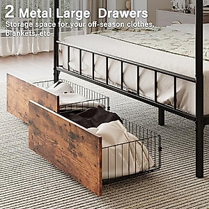 LIKIMIO Canopy Bed Frame Full with Wooden Headboard and Drawer, Full Size Bed Frame with 4 Removable Sturdy Posts, Noise Free, No Box Spring Needed, Vintage Brown