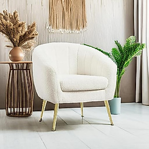Yaheetech Sherpa Fabric Accent Chair, Modern Cozy Vanity Chair with Gold Metal Legs, Boucle Fabric Armchair with Removable Seat Cushion for Living Room Bedroom Office Guest Room, Ivory