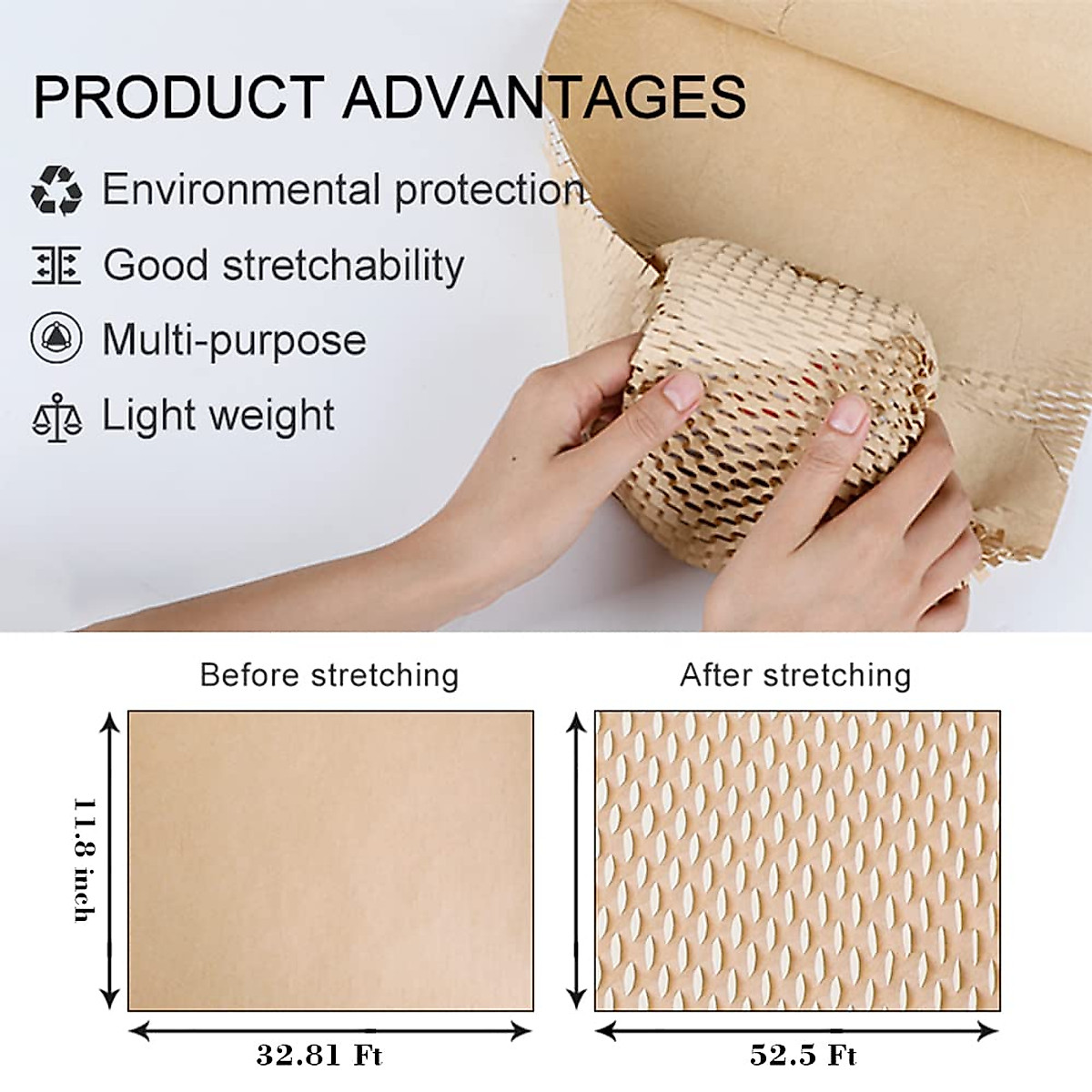 Honeycomb Kraft Packing Paper 11.8" W x 32.8' L,Eco Friendly Recycled Cushioning Wrapping Roll Alternative to Bubble Cushioning Wrap or Packing Peanuts (12 Inch x 32.8 Feet)