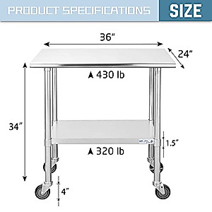 Hally Stainless Steel Table for Prep & Work 24 x 36 Inches with Caster Wheels, NSF Commercial Heavy Duty Table with Undershelf and Galvanized Legs for Restaurant, Home and Hotel
