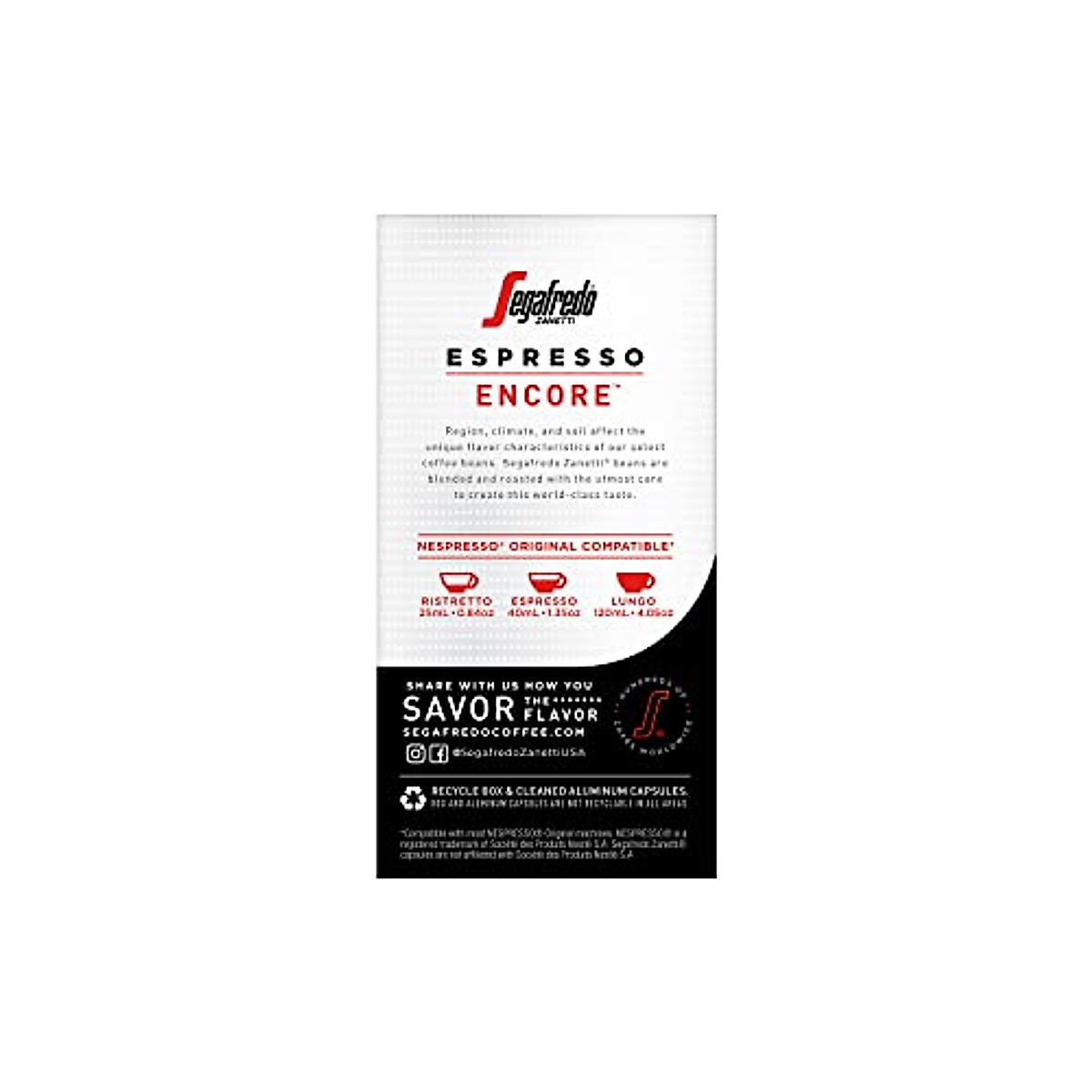 Segafredo Zanetti Encore Espresso Capsules, Medium-Dark Roast, Intensity 10, Compatible with Nespresso Original Machines, 10 Count Aluminum Pods