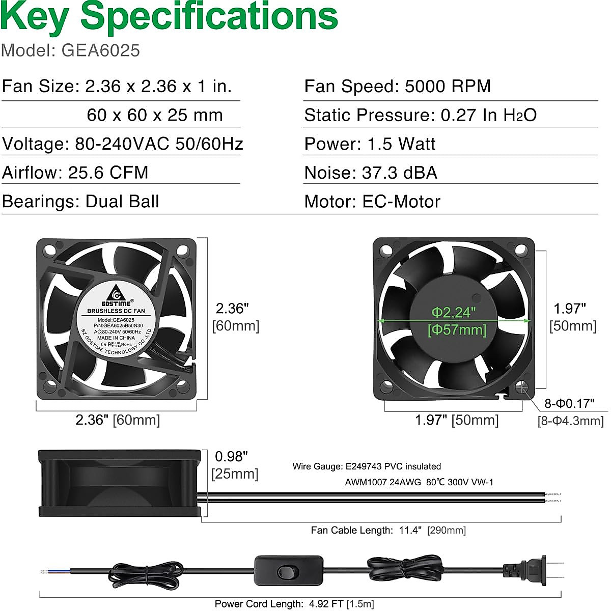 GDSTIME EC Cooling Fan 60mm x 60mm x 25mm AC 110V 115V 120V 220V 240V Dual Ball Bearings