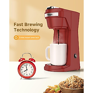 Single Serve Coffee Maker for K Cup & Ground Coffee, One Cup Coffee Machine 14 oz Fast Brewing, Fits Travel Mug 6.7", CM-208, Red