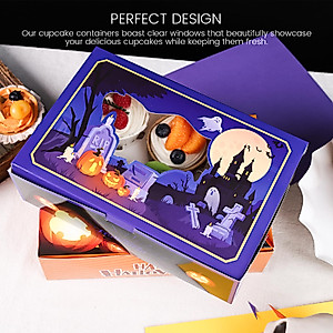 JOHOUSE 6 Count Halloween Cupcake Boxes, 8 Sets Bakery Boxes with Window Halloween Treat Boxes Cupcake Carrier for Birthday Holiday Bakery Supplies Halloween Party Decorations 9.5"x6.3"x3"