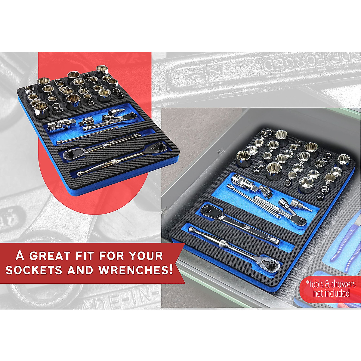 Polar Whale Tool Drawer Organizer Socket Holder Insert Blue and Black Durable Foam Strong Tray 15 x 10 Inches Holds 30 Sockets and More Fits Craftsman Husky Kobalt Milwaukee and Many Others