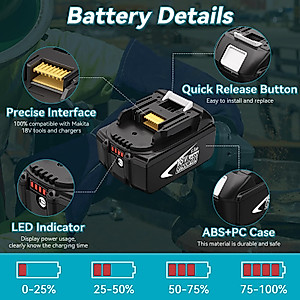Replacement for Makita 18V Battery 6.0Ah Compatible with Makita 18 Volt Battery Lithium-ion BL1860B BL1860 BL1850 BL1850B BL1840 BL1830 Compatible with Original Makita 18V Battery Chargers